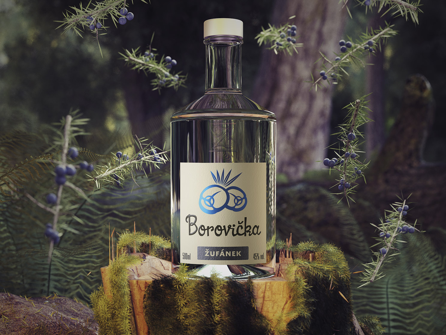 Borovička Žufánek, destilát z modrého a červeného jalovce